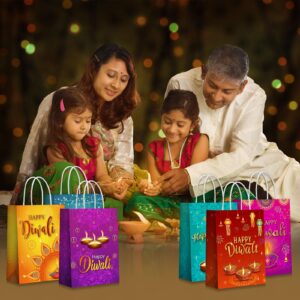 Cholemy 18 Pcs Happy Diwali Gift Bags Bulk Festival of Lights Favors Bags with Handles and Sydney Paper Diwali Birthday Present Bags Deepavali Party Supplies for Indian Diwali Light Party Decoration