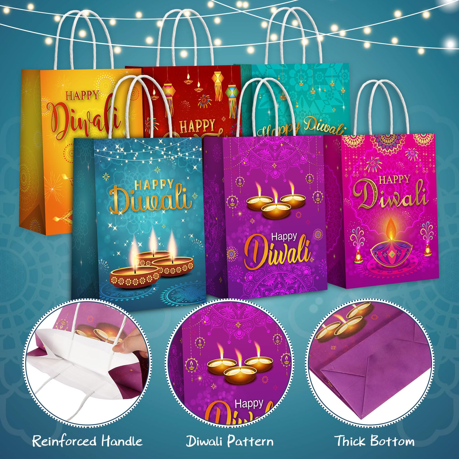 Cholemy 18 Pcs Happy Diwali Gift Bags Bulk Festival of Lights Favors Bags with Handles and Sydney Paper Diwali Birthday Present Bags Deepavali Party Supplies for Indian Diwali Light Party Decoration