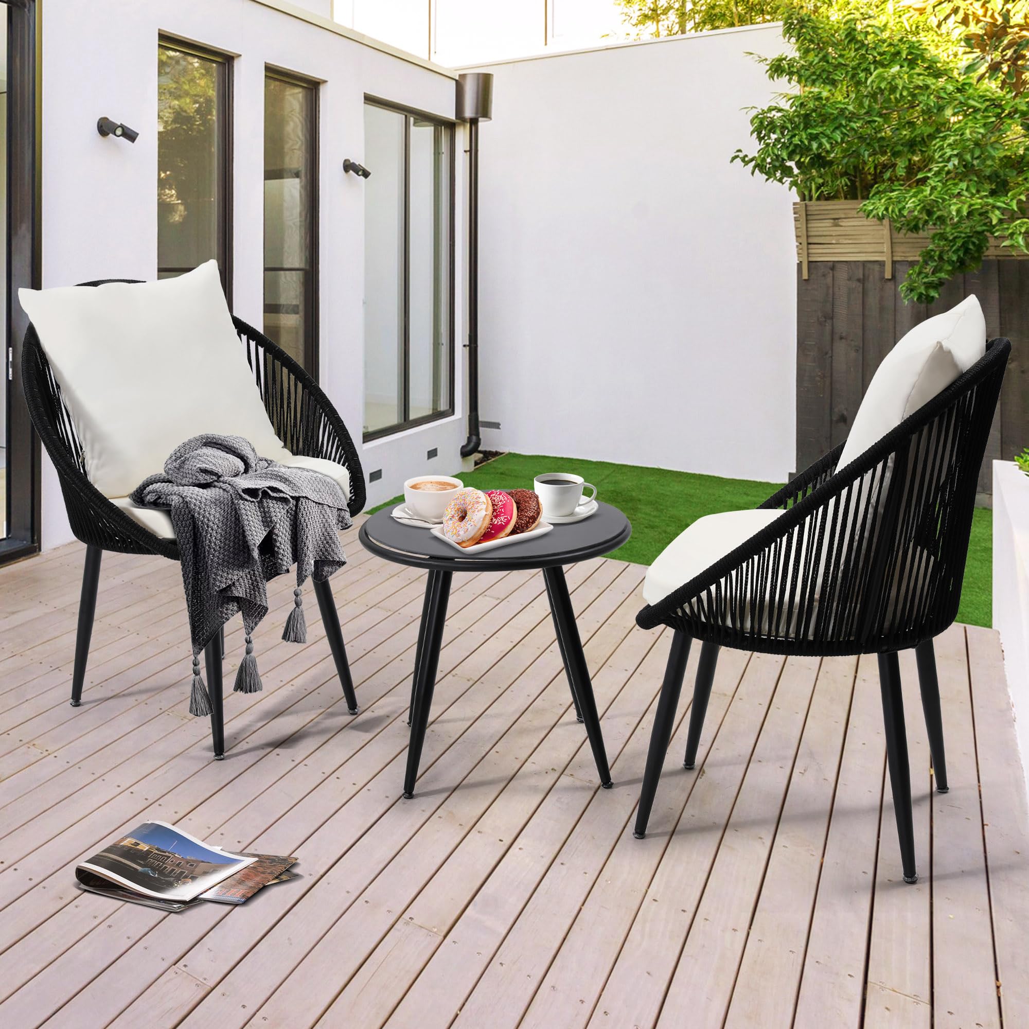 wildformers 3 Pieces Bistro Set, Woven Rope Chair with Cushions, All Weather Patio Conversation Set and Side Table, Ideal for Deck, Balcony, Poolside, Black