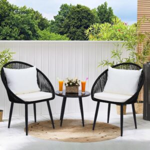 wildformers 3 Pieces Bistro Set, Woven Rope Chair with Cushions, All Weather Patio Conversation Set and Side Table, Ideal for Deck, Balcony, Poolside, Black