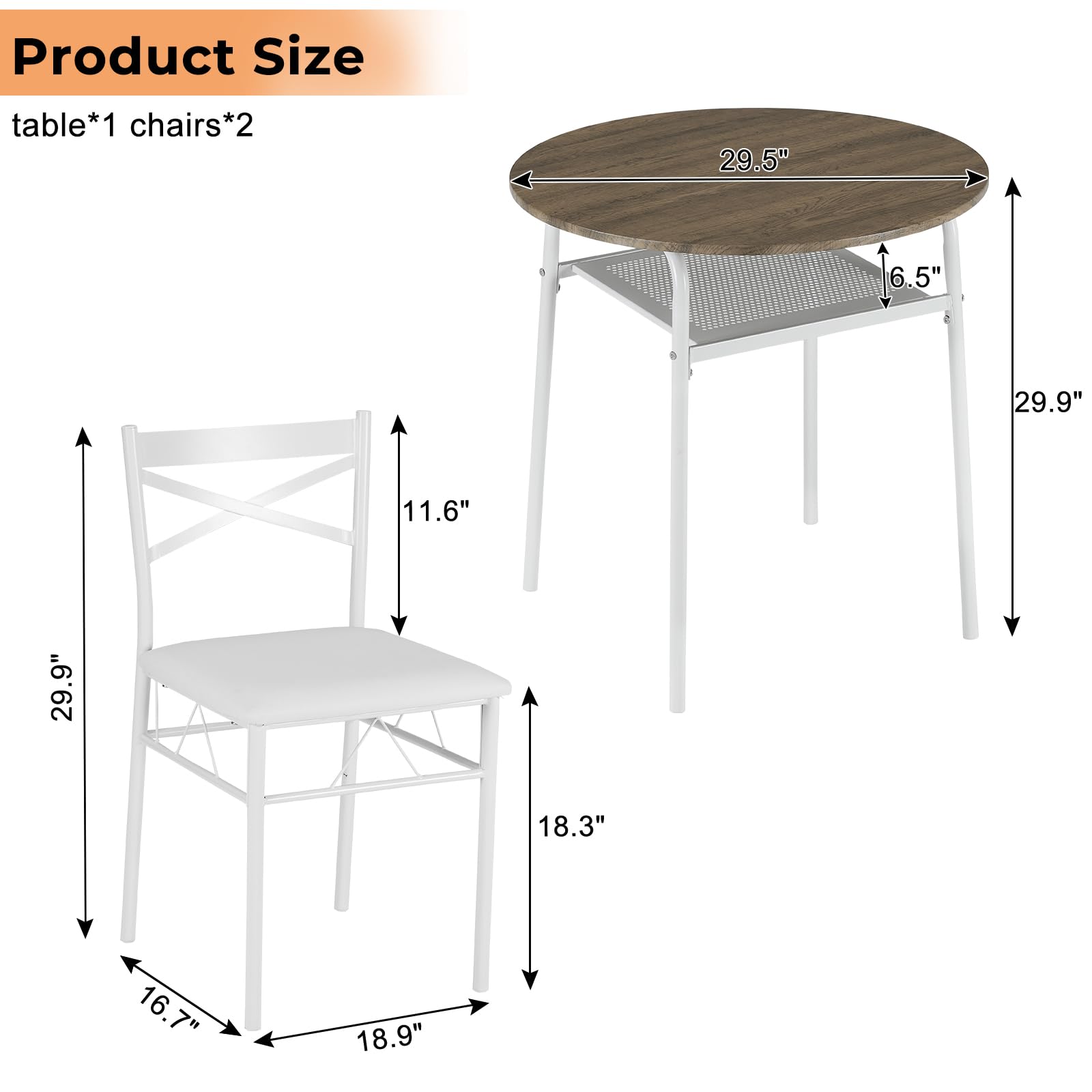 VINGLI 3 Piece Round Dining Set,29.5" Small Dining Table Set for 2,Round Kitchen Table with 2 Chairs Set for Small Space/Dining Room/Apartment,Upholstered Chairs,Metal Frame,Storage Shelf (White)