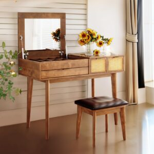 doinuo 43.3" wood makeup vanity desk with flip-top mirror & drawers, vanity dressing table set with storage space and cushioned stool, vanity makeup desk set for bedroom brown