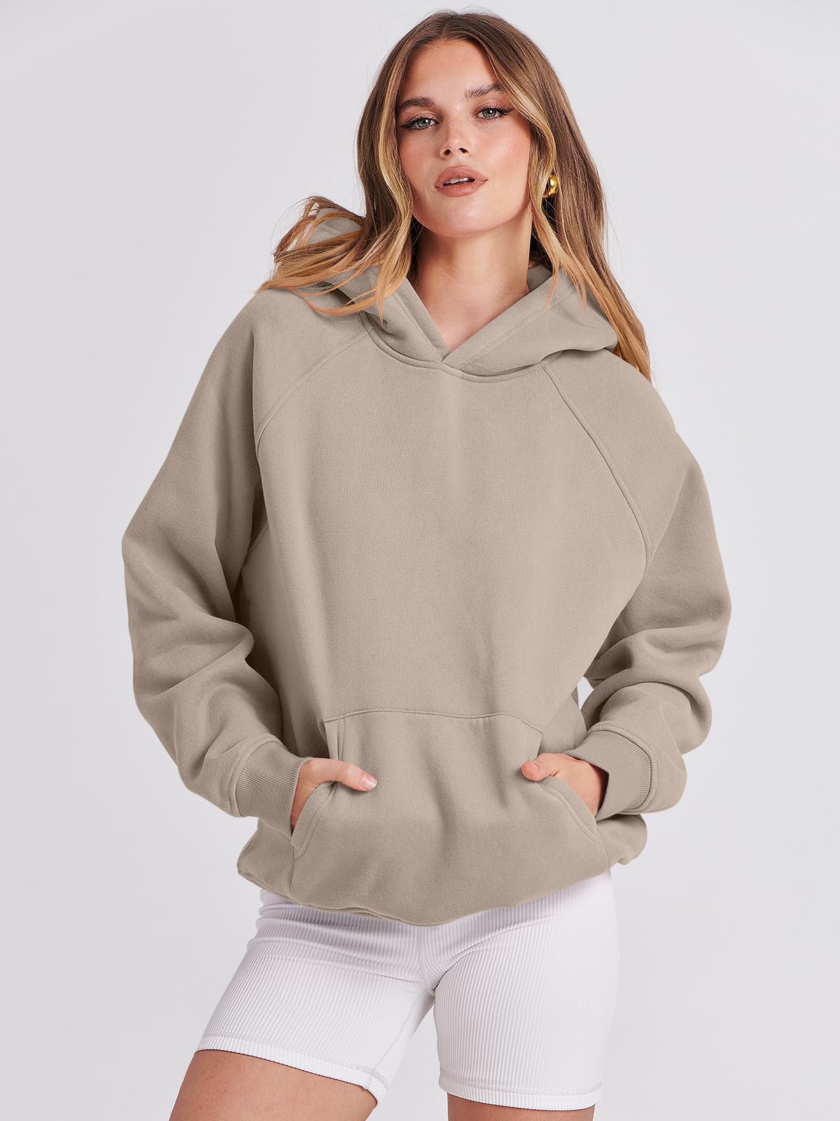 Caracilia Womens Oversized Hoodies Sweatshirts Long Sleeve Fleece Pullover Tops 2024 Preppy Fall Outfits Teen Girls Clothes Khaki M