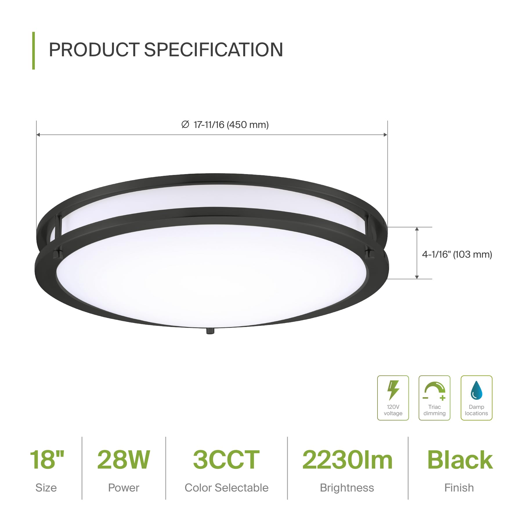 ASD LED 18 Inch Round Flush Mount Light Fixture | 28W 2250LM 3000K-5000K 120V | 3CCT, Dimmable, Energy Star, ETL Listed | Close to Ceiling Double Ring Lamp, Low Profile Lighting | Black