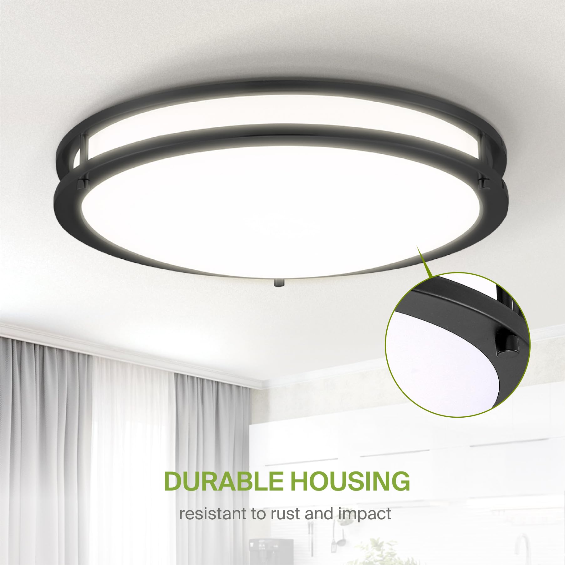 ASD LED 18 Inch Round Flush Mount Light Fixture | 28W 2250LM 3000K-5000K 120V | 3CCT, Dimmable, Energy Star, ETL Listed | Close to Ceiling Double Ring Lamp, Low Profile Lighting | Black