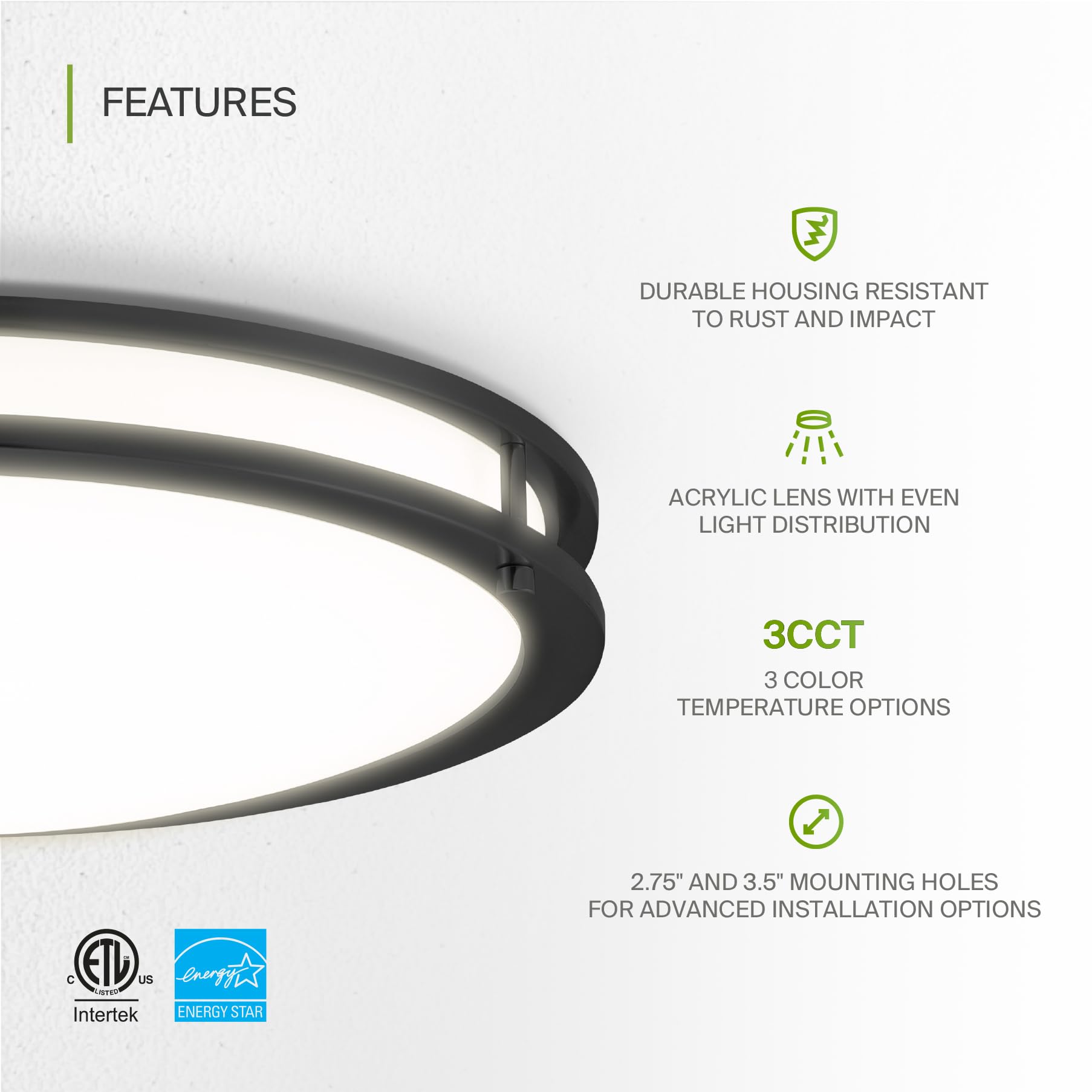 ASD LED 18 Inch Round Flush Mount Light Fixture | 28W 2250LM 3000K-5000K 120V | 3CCT, Dimmable, Energy Star, ETL Listed | Close to Ceiling Double Ring Lamp, Low Profile Lighting | Black