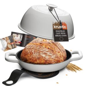 krustic enameled cast iron dutch oven for sourdough bread baking | 6 quart pot with lid | 10 inch ceramic enamel thick coated cookware set with non stick silicone baking mat for cooking | 6 qt | white