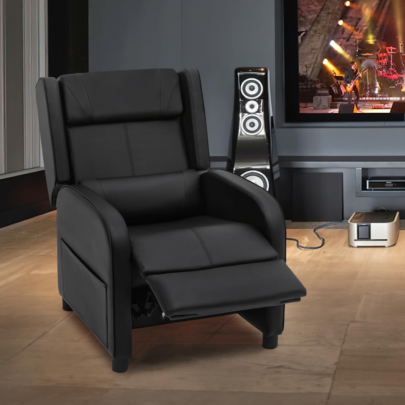 MoNiBloom Gaming Recliner Chair for Adults and Teens, Home Movie Theater Chair Single Sofa Cozy Reading Chair, PU Leather Adjustable Nursery Recliner with Foot Rest for Living Room, and Bedroom, Black