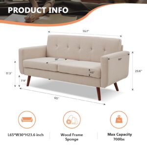 DIFY 65" W Linen Loveseat Couch with Firm Strcuture & Sponge | Love Seat Couch for Living Room, Bedroom, Small Spaces | Mid-Century Modern Furniture(Beige)