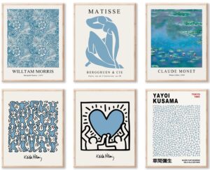 matisse wall art prints set of 6, abstract blue matisse wall art exhibition posters, modern blue matisse print william morris painting yayoi kusama poster claude monet prints, boho canvas art prints