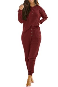 prettygarden women's 2 piece waffle knit lounge outfit long sleeve henley top and sweatpants set tracksuit (wine red,medium)