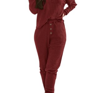 PRETTYGARDEN Women's 2 Piece Waffle Knit Lounge Outfit Long Sleeve Henley Top and Sweatpants Set Tracksuit (Wine Red,Medium)