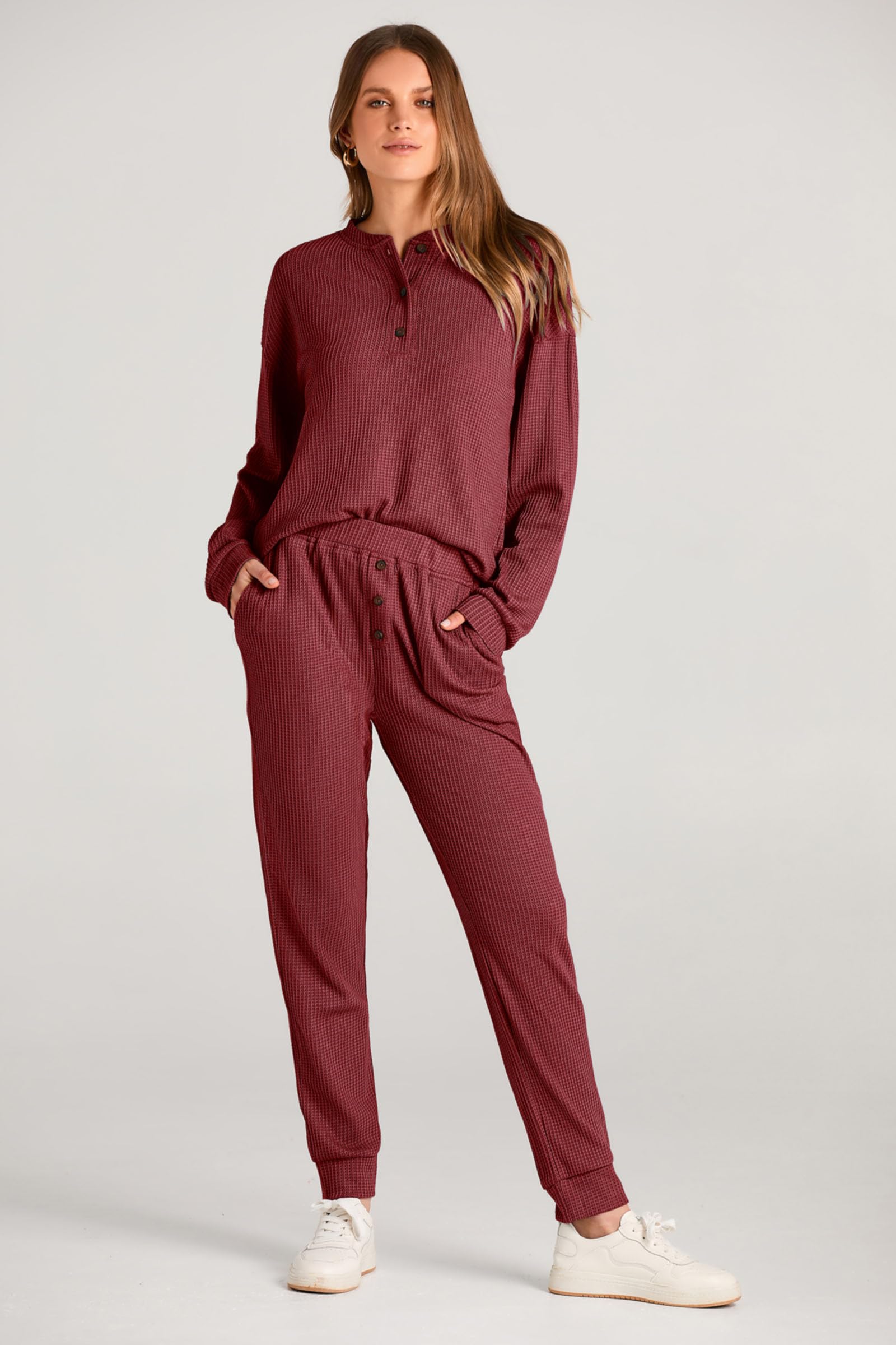 PRETTYGARDEN Women's 2 Piece Waffle Knit Lounge Outfit Long Sleeve Henley Top and Sweatpants Set Tracksuit (Wine Red,Medium)