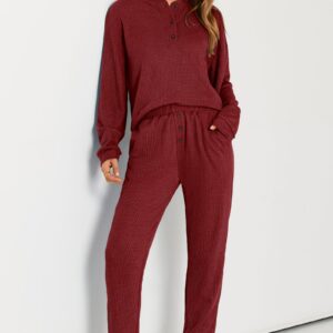 PRETTYGARDEN Women's 2 Piece Waffle Knit Lounge Outfit Long Sleeve Henley Top and Sweatpants Set Tracksuit (Wine Red,Medium)