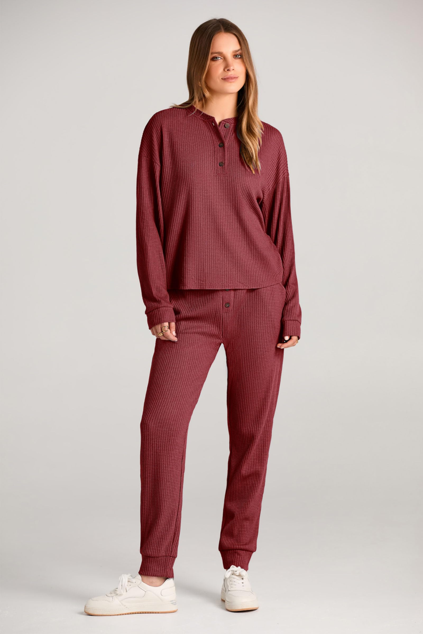 PRETTYGARDEN Women's 2 Piece Waffle Knit Lounge Outfit Long Sleeve Henley Top and Sweatpants Set Tracksuit (Wine Red,Medium)