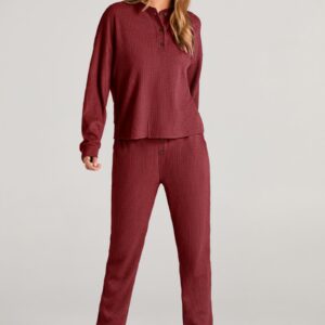 PRETTYGARDEN Women's 2 Piece Waffle Knit Lounge Outfit Long Sleeve Henley Top and Sweatpants Set Tracksuit (Wine Red,Medium)