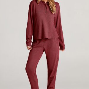 PRETTYGARDEN Women's 2 Piece Waffle Knit Lounge Outfit Long Sleeve Henley Top and Sweatpants Set Tracksuit (Wine Red,Medium)