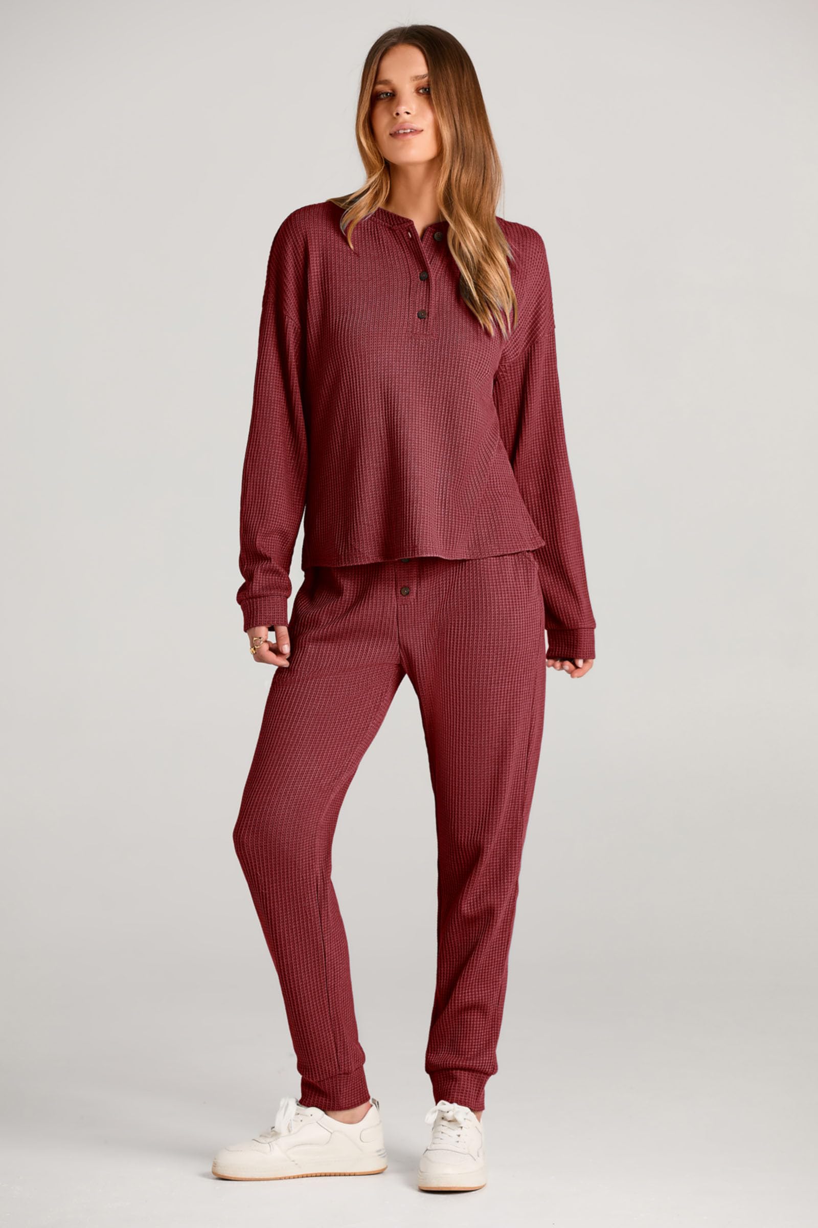 PRETTYGARDEN Women's 2 Piece Waffle Knit Lounge Outfit Long Sleeve Henley Top and Sweatpants Set Tracksuit (Wine Red,Medium)