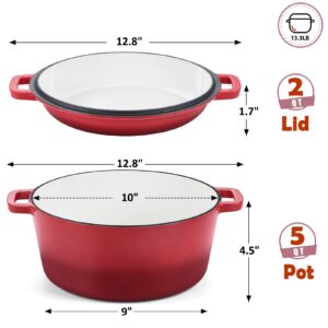 TeamFar 2-In-1 Enameled Cast Iron Dutch Oven, 5 Quart Dutch Oven Pot Cookware with Skillet Lid for Bread Baking Braising Stewing Roasting, Heavy-Duty & Nonstick, Oven Safe & Fit for Induction (Red)