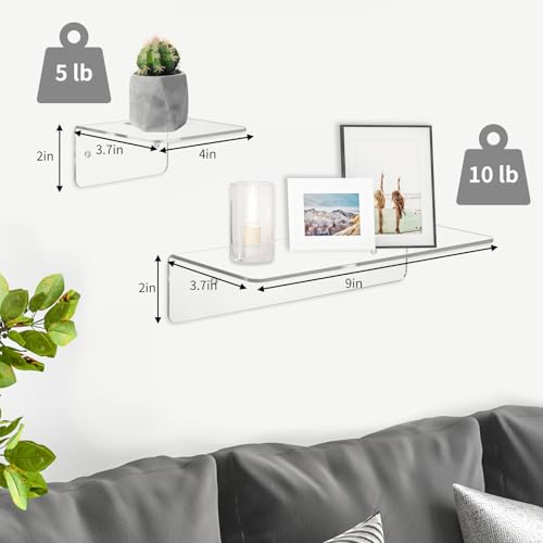 Fixwal Acrylic Floating Shelves No Drill, 9in Floating Wall Mounted Adhesive Shelf, Set of 3 Wall Decoration & Storage Shelf for Living Room, Bathroom, Bedroom, Kitchen (Clear)