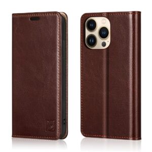 belemay compatible with iphone 15 pro case wallet-genuine leather-rfid blocking card holders-shockproof tpu shell-kickstand-durable flip cover-book folding phone case women men (6.1-inch) brown