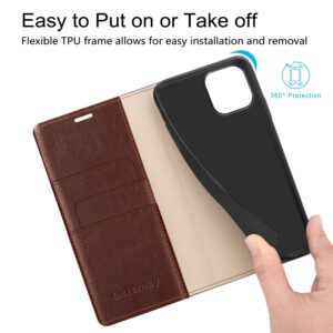 Belemay Compatible with iPhone 15 Pro Case Wallet-Genuine Leather-RFID Blocking Card Holders-Shockproof TPU Shell-Kickstand-Durable Flip Cover-Book Folding Phone Case Women Men (6.1-inch) Brown