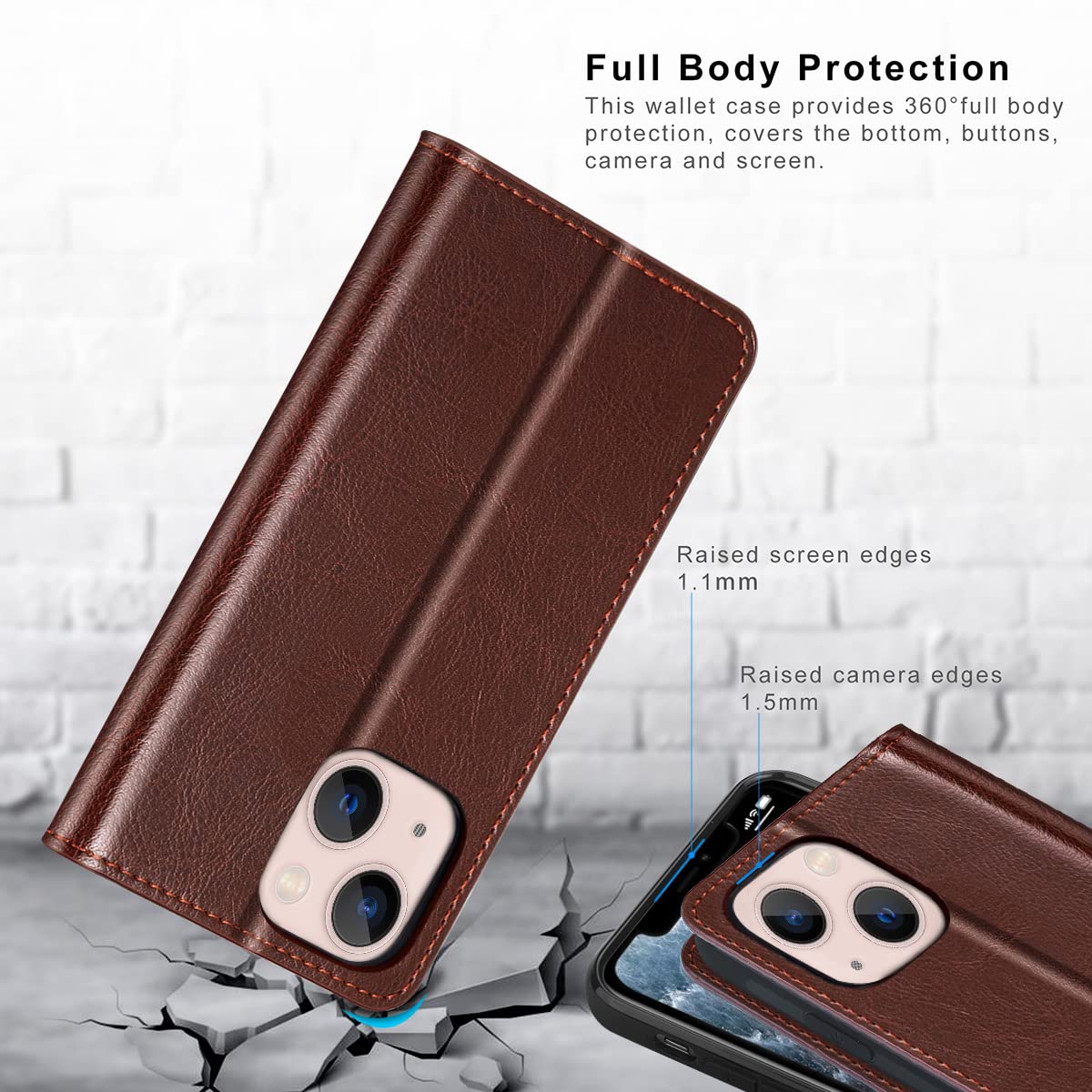 Belemay Case Compatible with iPhone 15 Wallet Case-Genuine Leather-RFID Blocking Card Holders-Shockproof TPU Shell-Kickstand-Durable Flip Cover-Book Folding Phone Case Women Men (6.1-inch) Brown