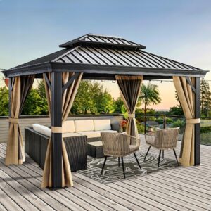 dwvo 10x12ft hardtop gazebo double roof with nettings and curtains, heavy duty galvanized steel outdoor vertical stripes roof for patio, backyard, deck, lawns, brown