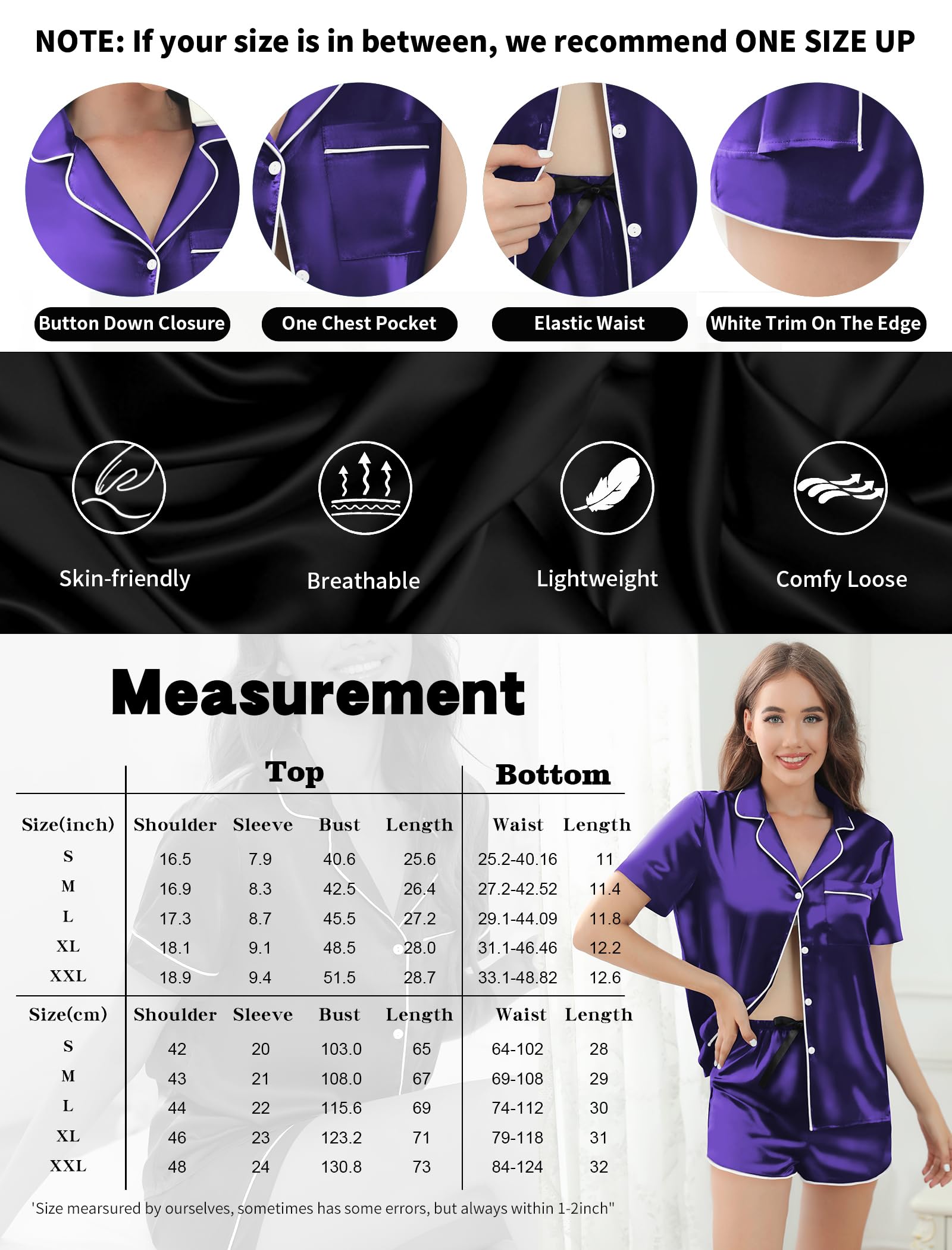 Lanyoshe Silk Pajamas for Women Satin Womens PJ Set 2 Piece Short Lounge Set Summer Sleepwear Notch Collar Button-Down Night Wear (Purple, M)