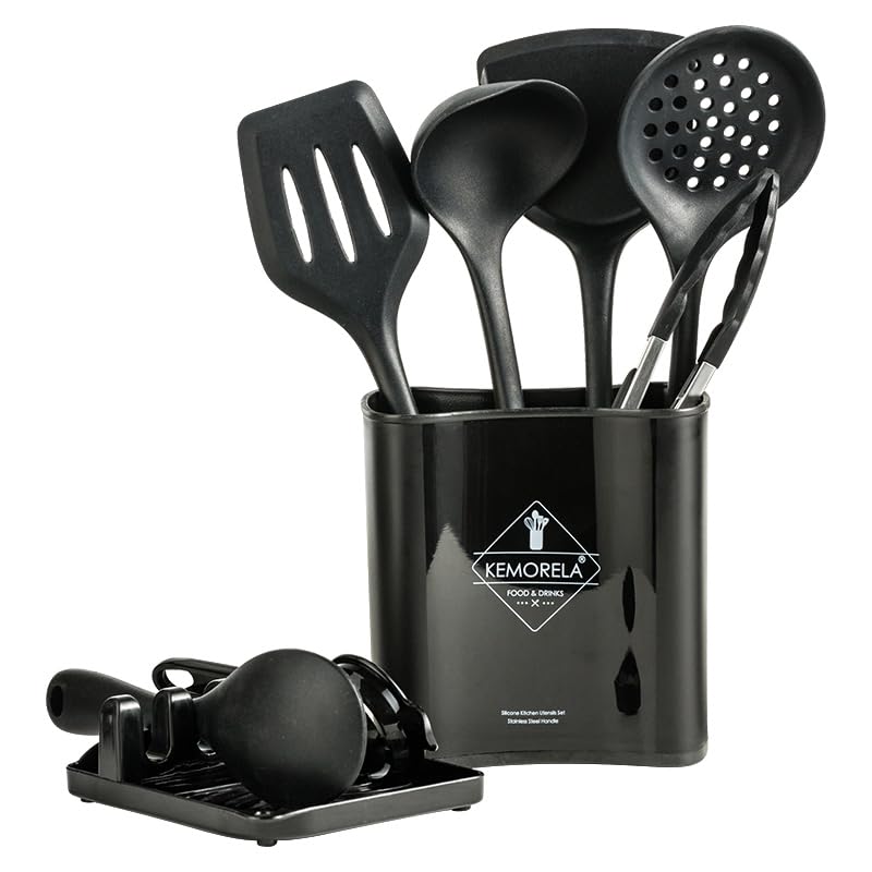 Cooking Utensils Set of 9 - Complete Kitchen Utensils for Cooking with Storage Box & Spoon Holder - Durable and Nonstick Cookware-Cooking Tools (Black-A)