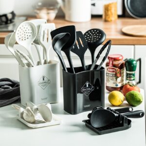 Cooking Utensils Set of 9 - Complete Kitchen Utensils for Cooking with Storage Box & Spoon Holder - Durable and Nonstick Cookware-Cooking Tools (Black-A)