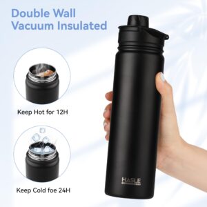 HASLE OUTFITTERS Insulated Water Bottle 22 oz Double Wall Stainless Steel Water Bottle Wide Mouth with Straw Lid & Spout Lid Keeps Cold or Hot(Black,8)