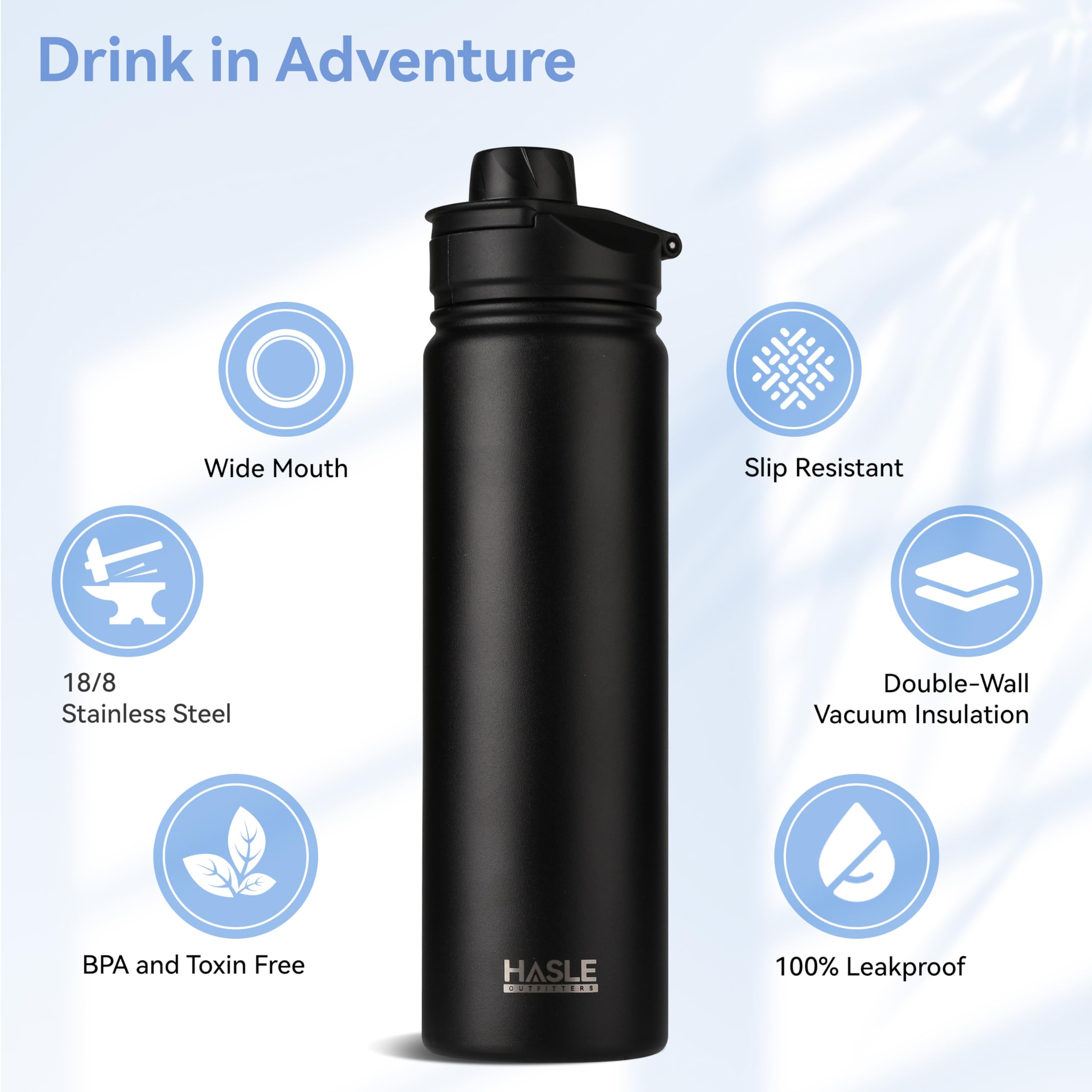 HASLE OUTFITTERS Insulated Water Bottle 22 oz Double Wall Stainless Steel Water Bottle Wide Mouth with Straw Lid & Spout Lid Keeps Cold or Hot(Black,8)