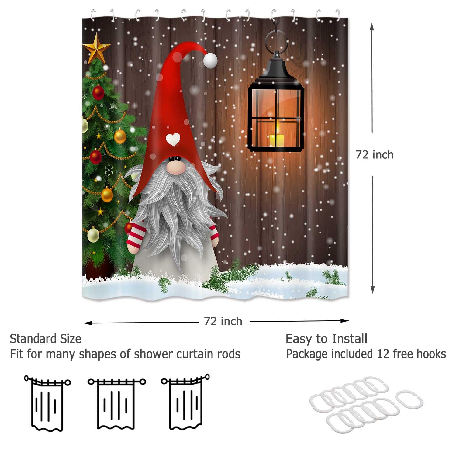 PAOPOED Christmas Gnome Shower Curtains for Bathroom, Merry Christmas Batherroom Curtain for Restroom, Funny Santa Claus Fabric shower curtain set Bathroom Deco with Hooks 72 x 72 Inches