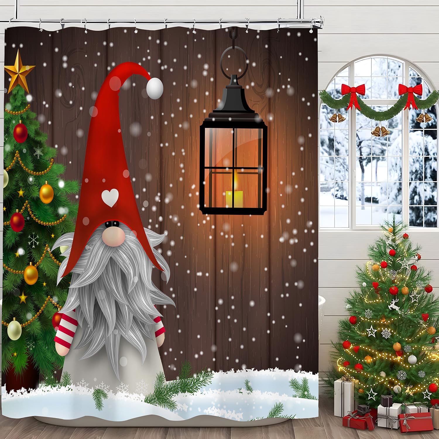 PAOPOED Christmas Gnome Shower Curtains for Bathroom, Merry Christmas Batherroom Curtain for Restroom, Funny Santa Claus Fabric shower curtain set Bathroom Deco with Hooks 72 x 72 Inches