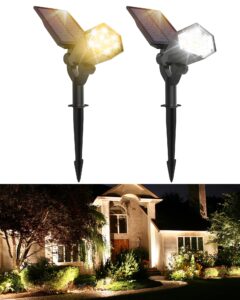 superdanny solar spot lights outdoor, 180° adjustable solar lights for outside garden, 4 modes 3000k/6000k, ip65 waterproof, led solar powered landscape lighting for yard, pathway, 2 pack