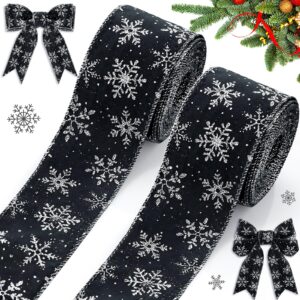 2 rolls/ 20 yards christmas velvet wired ribbons with snowflake pattern 2.5'' wide xmas craft ribbons gift wrapping ribbon for christmas tree wreath decoration diy bows supplies (black)