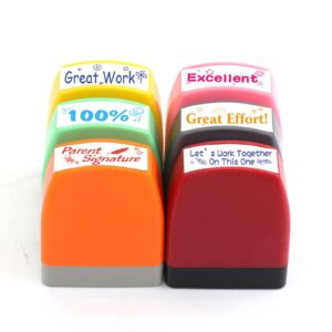 6 pcs teacher stamps for grading classroom, rectangular self inking stamps set, motivational encouraging comments colorful stamps for parent signature school teacher review homework reward supplies