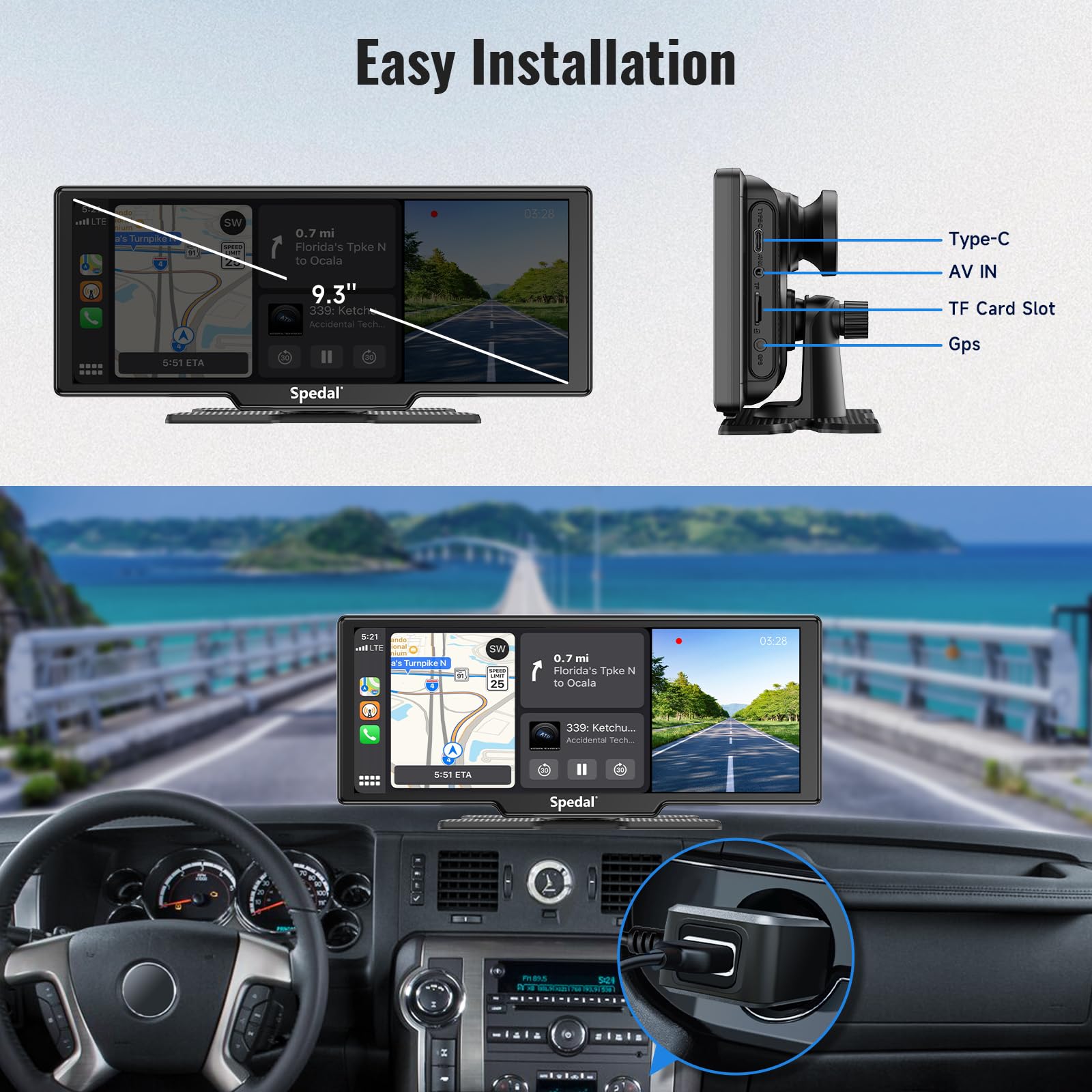 Spedal 860 Wireless Apple CarPlay & Android Auto with 4K Dash Cam, 1080P Backup Camera- 9.3" HD Touch Car Play Screen, GPS Navigation for Car, Portable Car Stereo with Bluetooth, FM/AUX, 64G TF Card