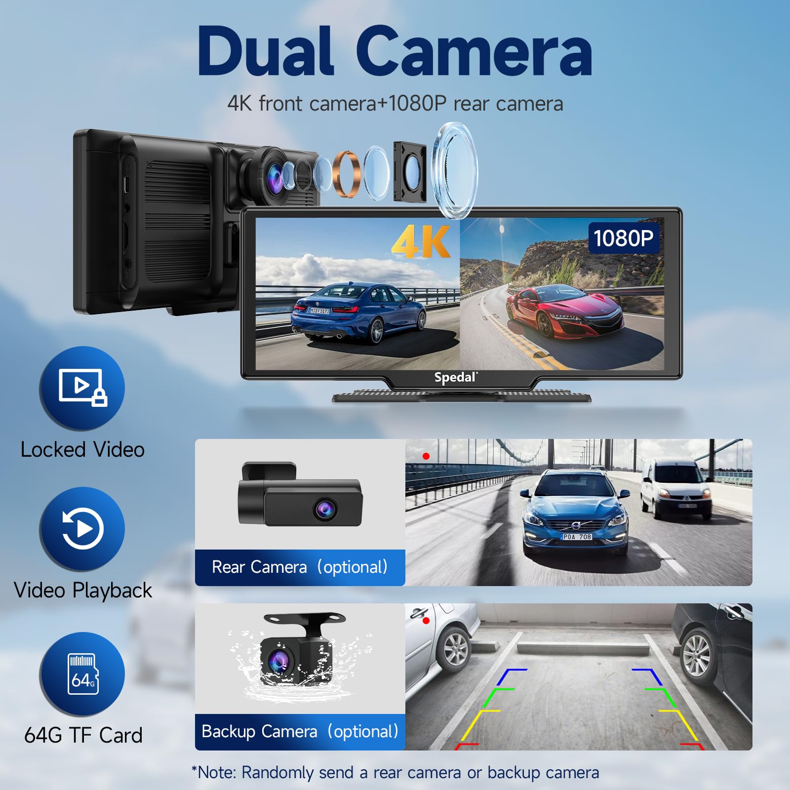 Spedal 860 Wireless Apple CarPlay & Android Auto with 4K Dash Cam, 1080P Backup Camera- 9.3" HD Touch Car Play Screen, GPS Navigation for Car, Portable Car Stereo with Bluetooth, FM/AUX, 64G TF Card