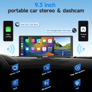 Spedal 860 Wireless Apple CarPlay & Android Auto with 4K Dash Cam, 1080P Backup Camera- 9.3" HD Touch Car Play Screen, GPS Navigation for Car, Portable Car Stereo with Bluetooth, FM/AUX, 64G TF Card