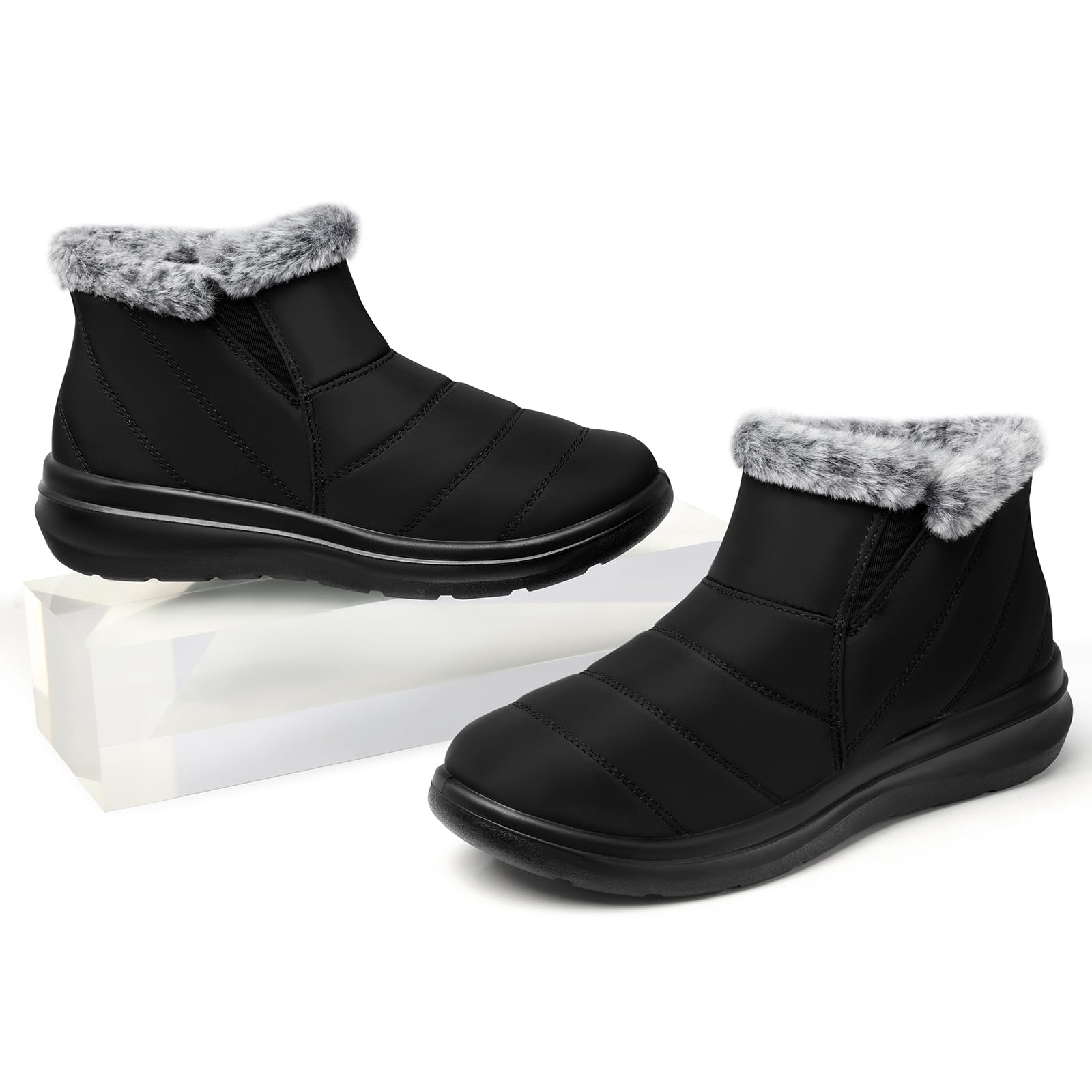 SHIBEVER Winter Waterproof Boots for Women: Snow Women Ankle Black Fur Lined Booties Size 9 Slip On Warm Insulated Boot