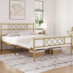 yaheetech queen size metal platform bed frame mattress foundation with headboard and footboard no box spring needed under bed storage steel slats antique gold