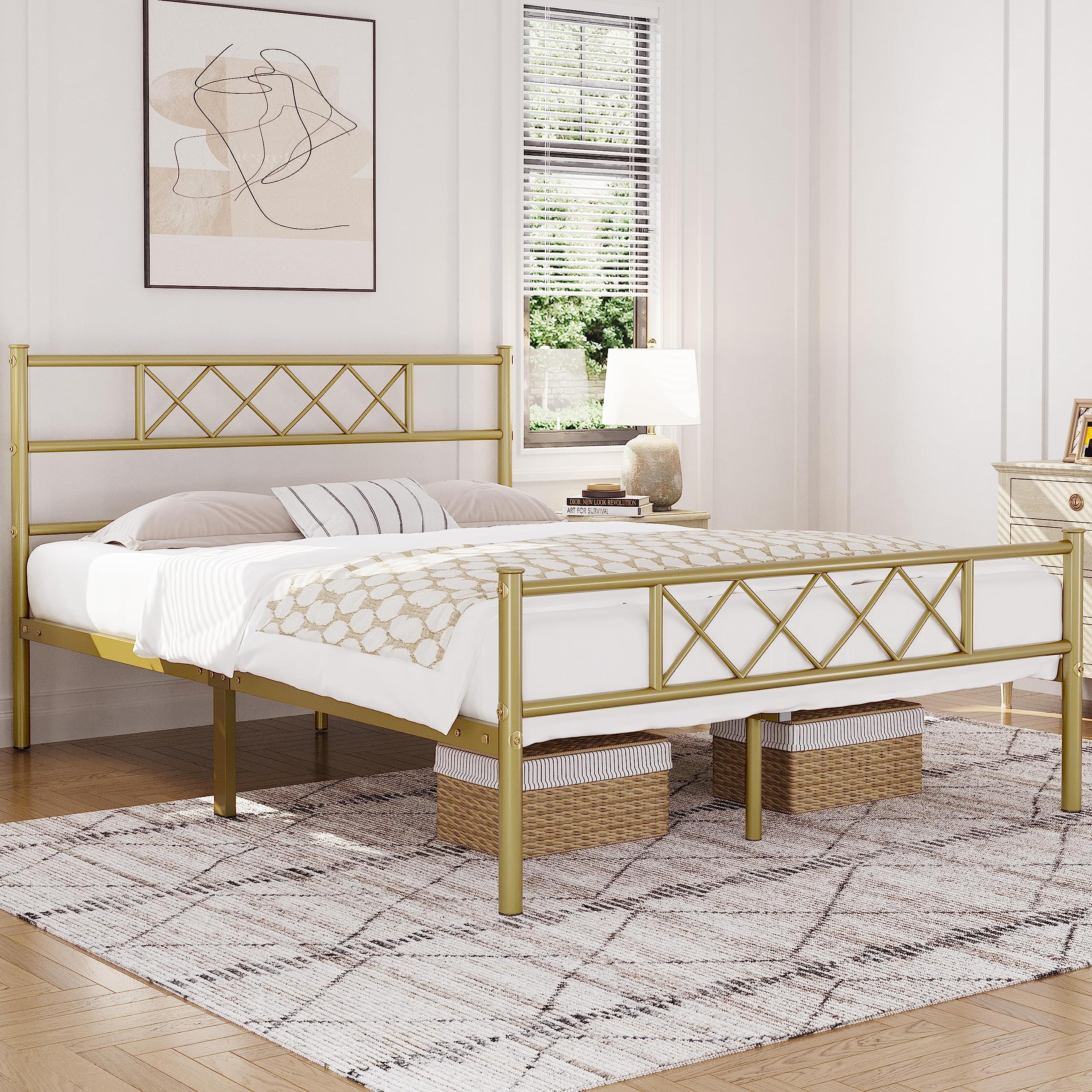 Yaheetech Queen Size Metal Platform Bed Frame Mattress Foundation with Headboard and Footboard No Box Spring Needed Under Bed Storage Steel Slats Antique Gold