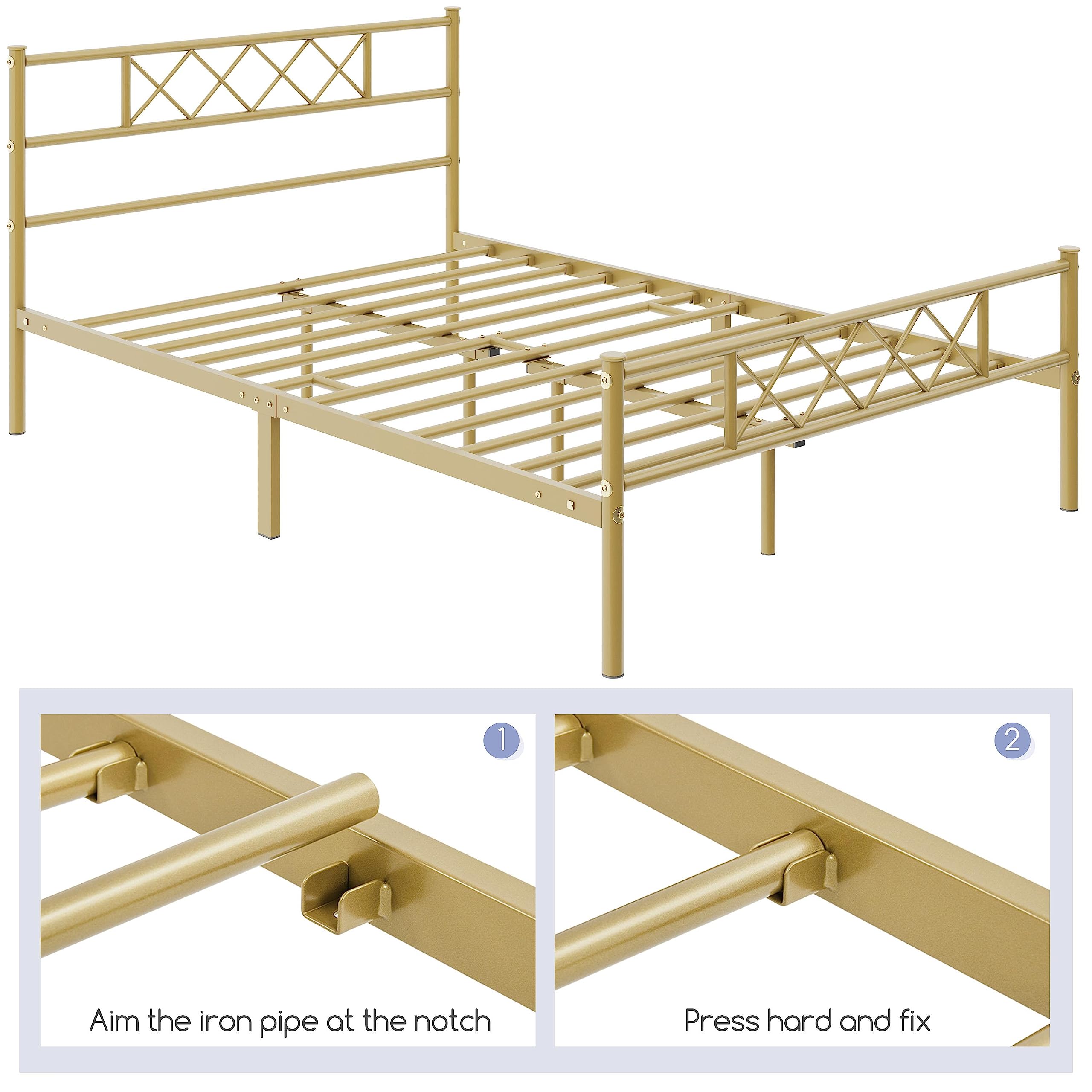 Yaheetech Queen Size Metal Platform Bed Frame Mattress Foundation with Headboard and Footboard No Box Spring Needed Under Bed Storage Steel Slats Antique Gold