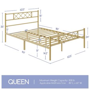 Yaheetech Queen Size Metal Platform Bed Frame Mattress Foundation with Headboard and Footboard No Box Spring Needed Under Bed Storage Steel Slats Antique Gold