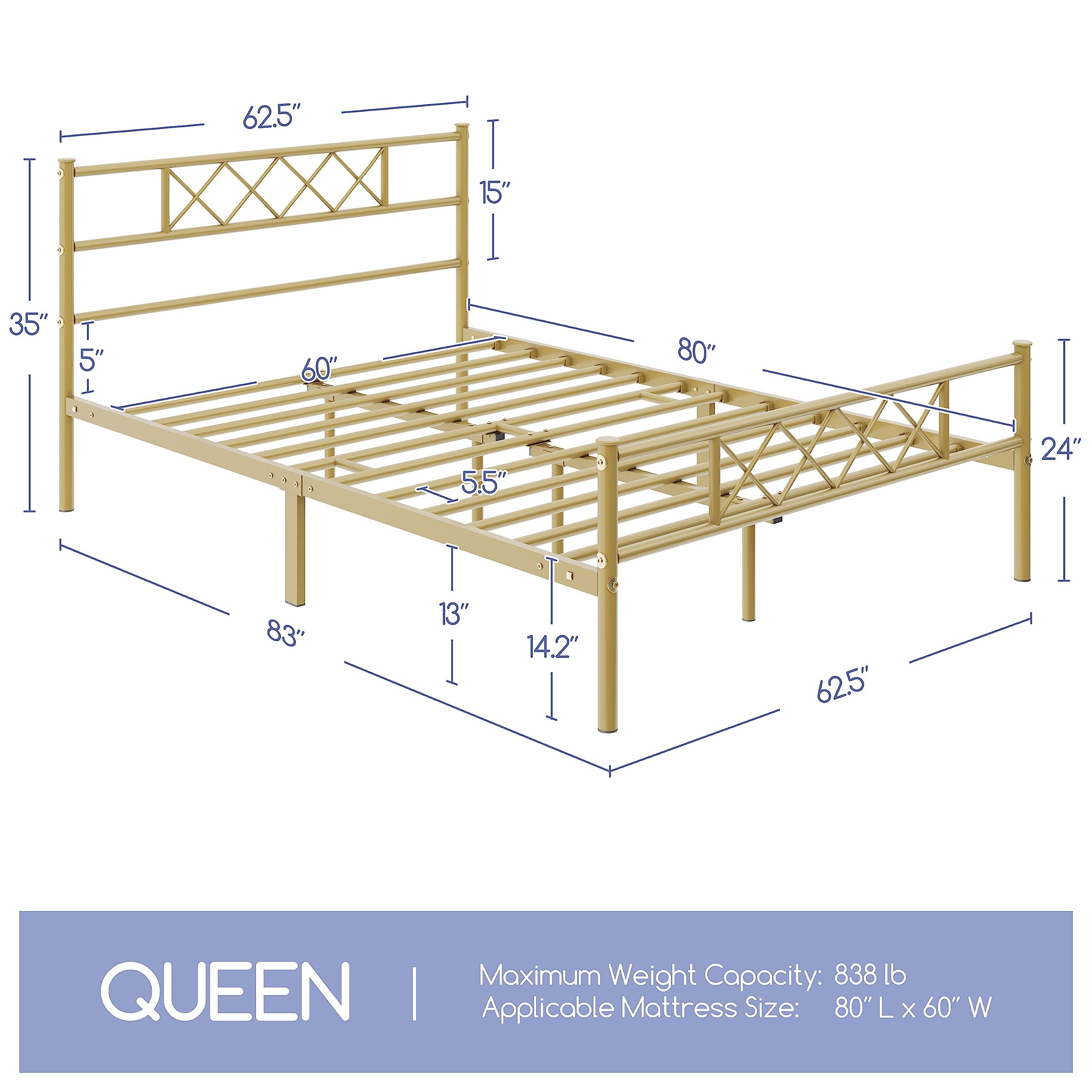 Yaheetech Queen Size Metal Platform Bed Frame Mattress Foundation with Headboard and Footboard No Box Spring Needed Under Bed Storage Steel Slats Antique Gold