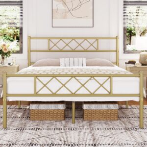 Yaheetech Queen Size Metal Platform Bed Frame Mattress Foundation with Headboard and Footboard No Box Spring Needed Under Bed Storage Steel Slats Antique Gold