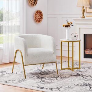 yaheetech accent chair, modern barrel chair, boucle fabric vanity chair with golden legs, cozy fuzzy armchair for living room makeup room bedroom reading nook ivory