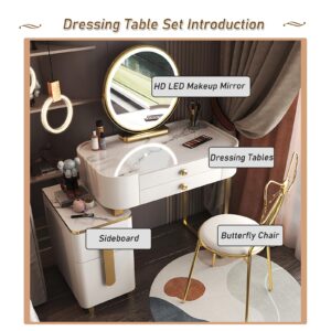 EnweMahi Vanity Desk with Mirror and Lights, Makeup Vanity with Lights and Makeup Chair, Led Makeup Mirror 3 Colors Dimmable, Small Vanity Desk for Bedroom, Boudoir, Girlfriend Gift